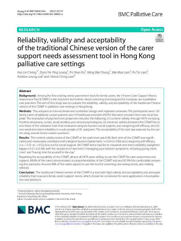 (PDF) Reliability, validity and acceptability of the traditional Chinese version of the carer ...