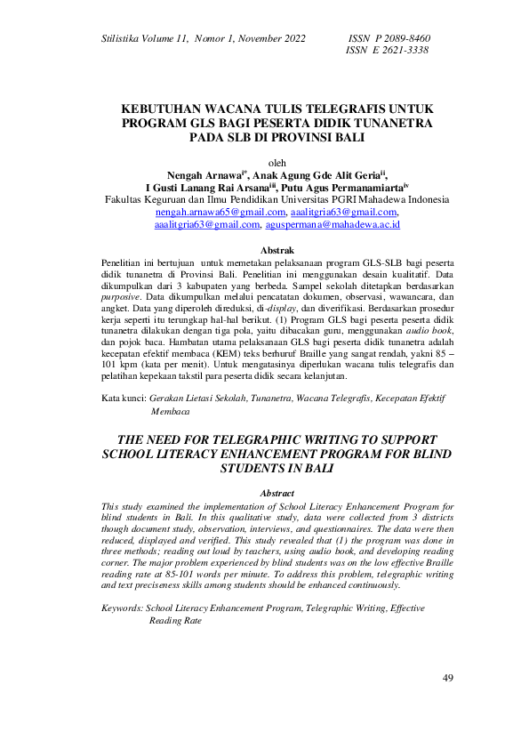 (PDF) Kebutuhan Wacana Tulis Telegrafis Untuk Program GLS Bagi Peserta Didik Tunanetra Pada SLB ...