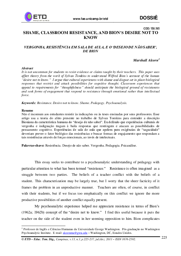 (PDF) Shame, classroom resistance, and Bion’s desire not to know