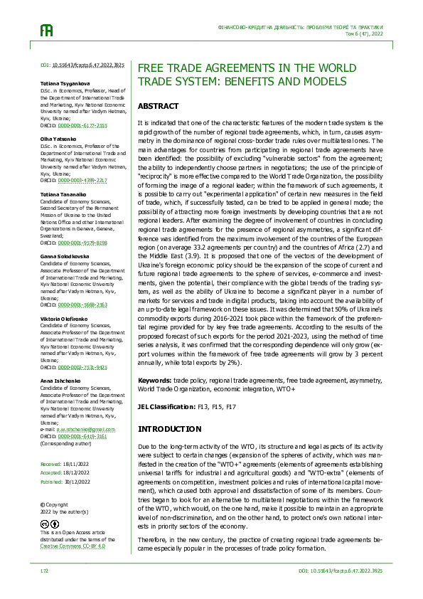 (PDF) Free Trade Agreements in the World Trade System: Benefits and Models