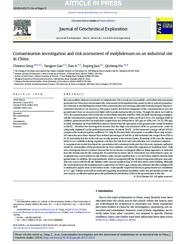 (PDF) Contamination investigation and risk assessment of molybdenum on ...