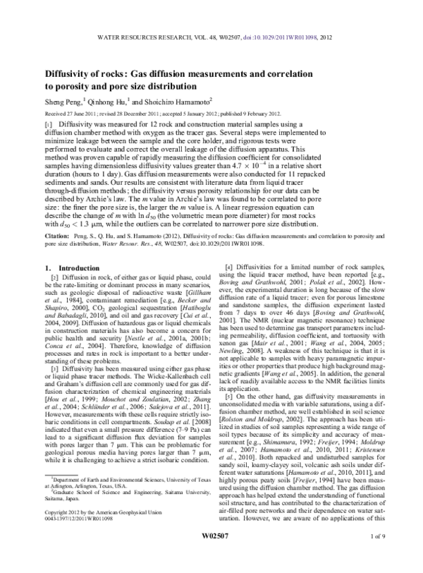 (PDF) Diffusivity of rocks: Gas diffusion measurements and correlation ...