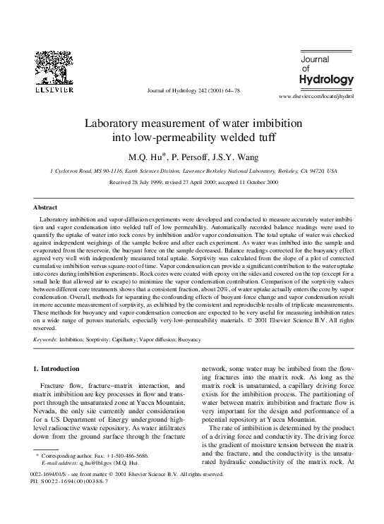 (PDF) Laboratory measurement of water imbibition into low-permeability ...