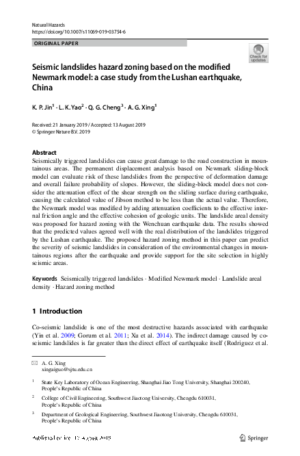 (PDF) Seismic landslides hazard zoning based on the modified Newmark model: a case study from ...