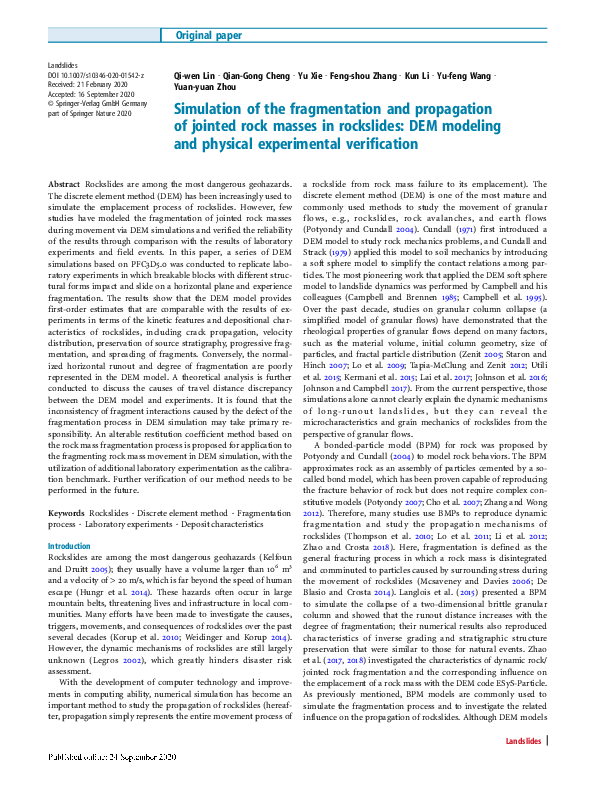 Pdf Simulation Of The Fragmentation And Propagation Of Jointed Rock