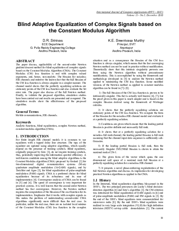 (PDF) Blind Adaptive Equalization of Complex Signals based on the Constant Modulus Algorithm