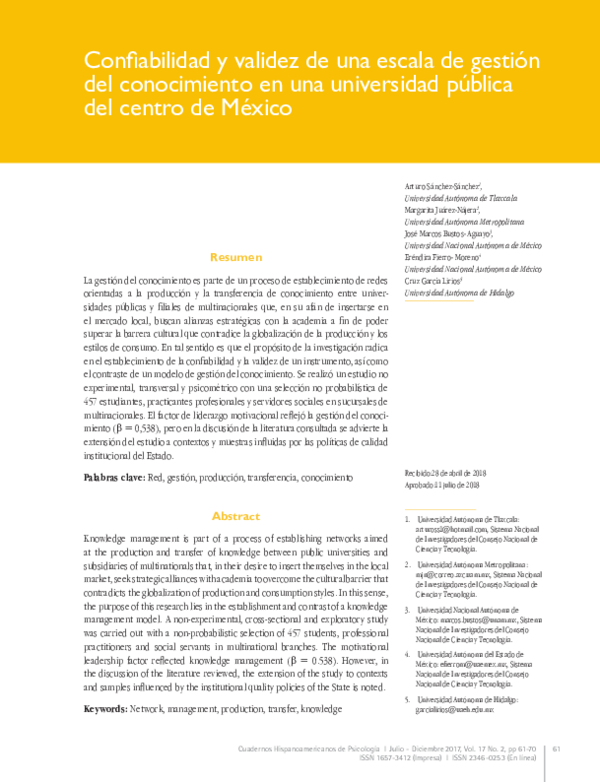 (PDF) Confiabilidad y validez de una escala de gestión del conocimiento en una universidad ...