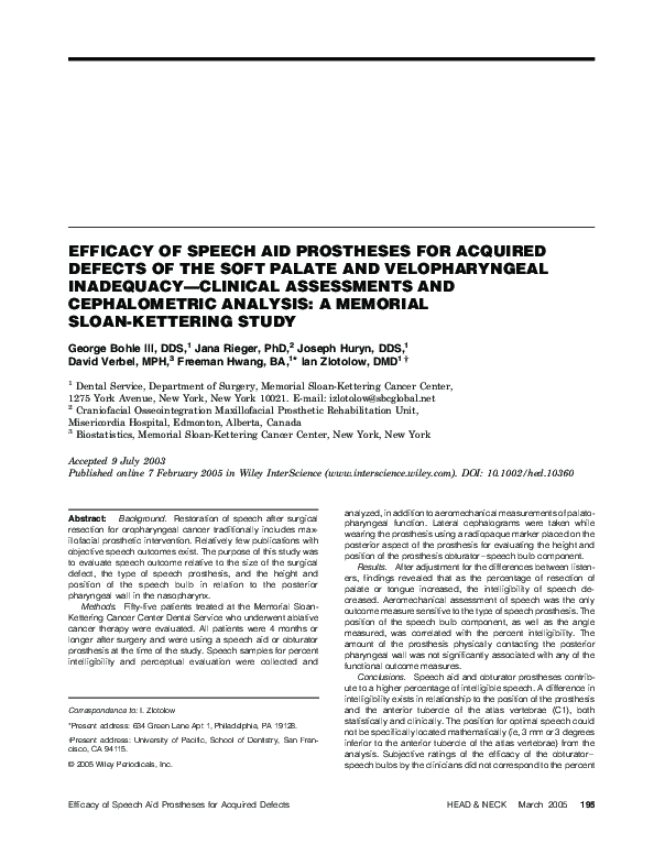 (PDF) Efficacy of speech aid prostheses for acquired defects of the ...