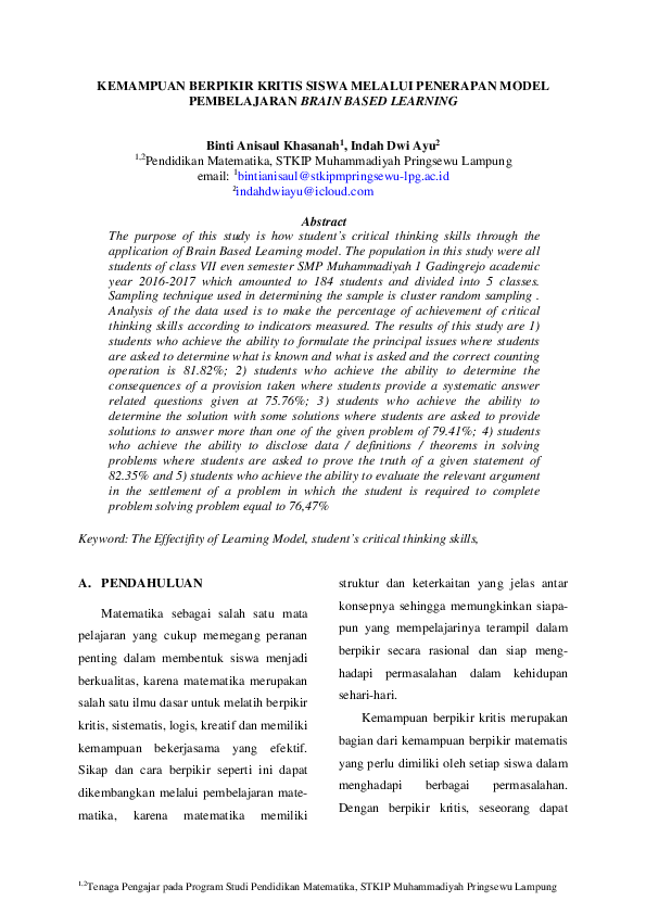 (PDF) Kemampuan Berpikir Kritis Siswa Melalui Penerapan Model Pembelajaran Brain Based Learning