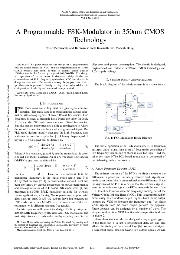 (PDF) Programmable FSK Modulator in 0.35μm CMOS