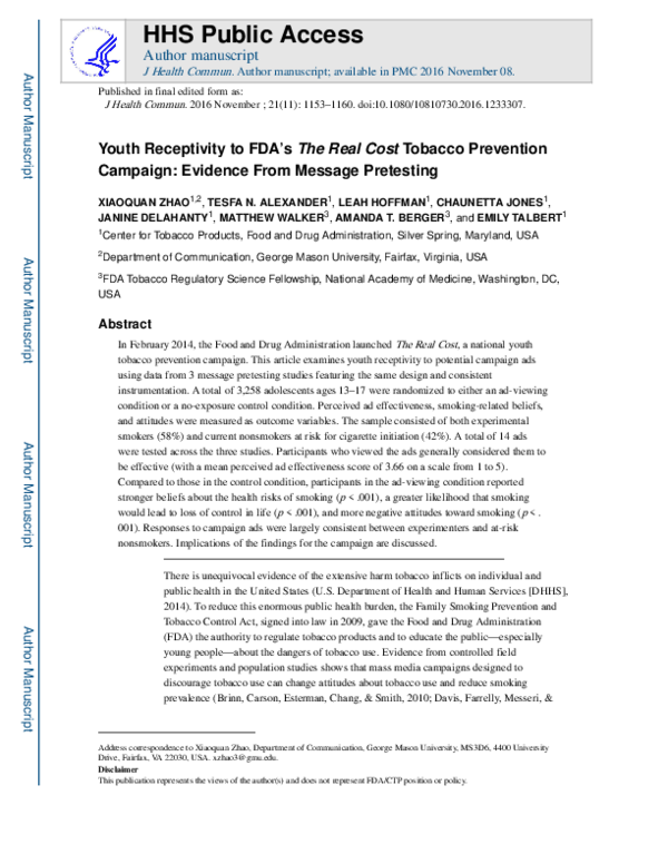 (PDF) Youth Receptivity to FDA’sThe Real CostTobacco Prevention ...