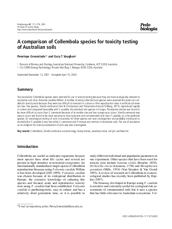 (PDF) A comparison of Collembola species for toxicity testing of ...