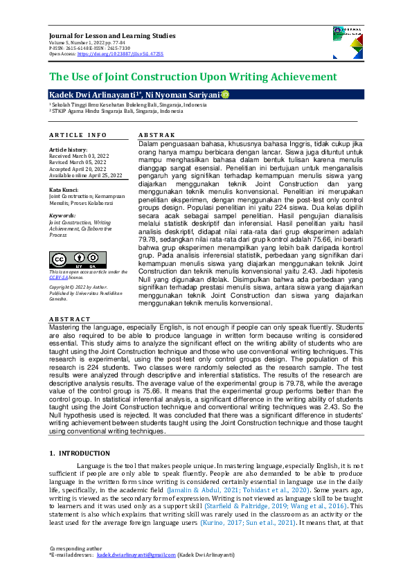 (PDF) The Use of Joint Construction Upon Writing Achievement
