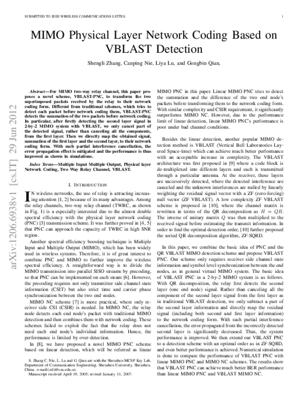 (PDF) MIMO physical layer network coding based on VBLAST detection