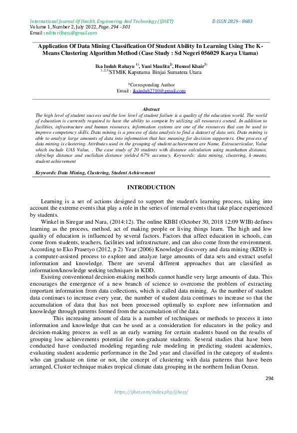 (PDF) Application Of Data Mining Classification Of Student Ability In Learning Using The K-Means ...