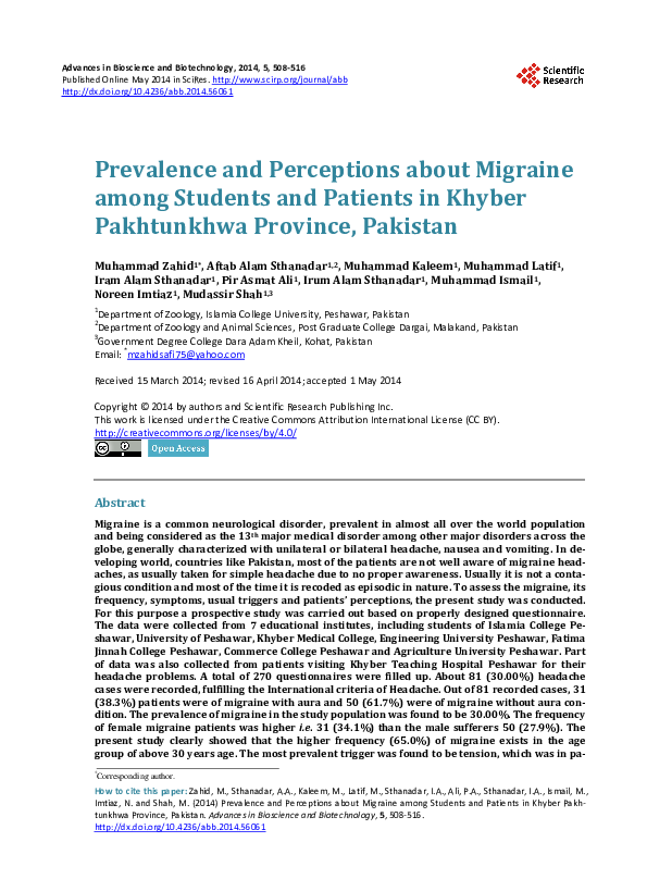 (PDF) Prevalence and Perceptions about Migraine among Students and Patients in Khyber ...