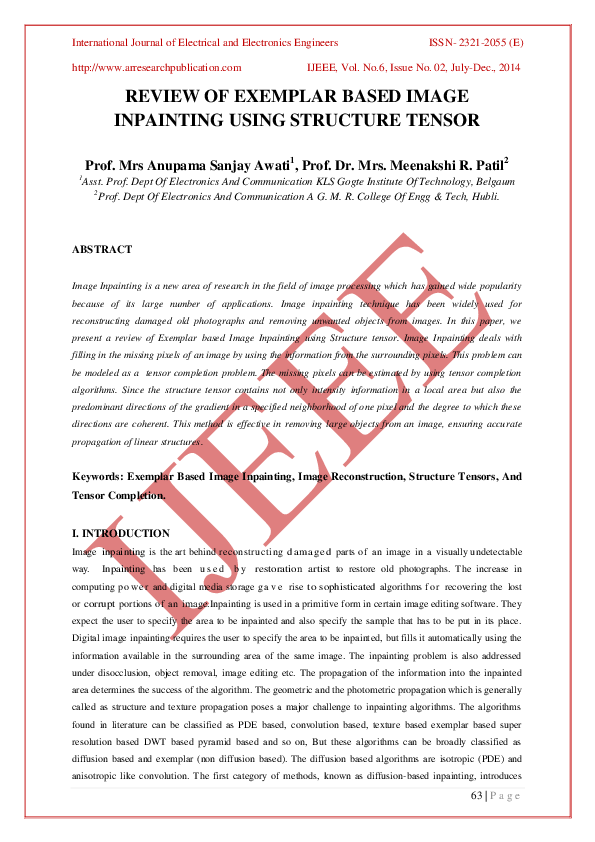 (PDF) OF EXEMPLAR BASED IMAGE INPAINTING USING STRUCTURE TENSOR Prof . Mrs Anupama