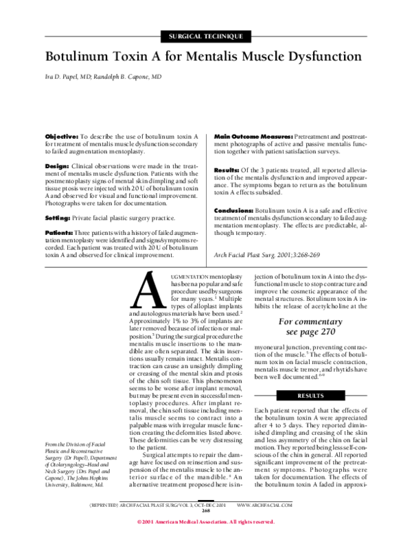 (PDF) Botulinum Toxin A for Mentalis Muscle Dysfunction | Ira Papel ...