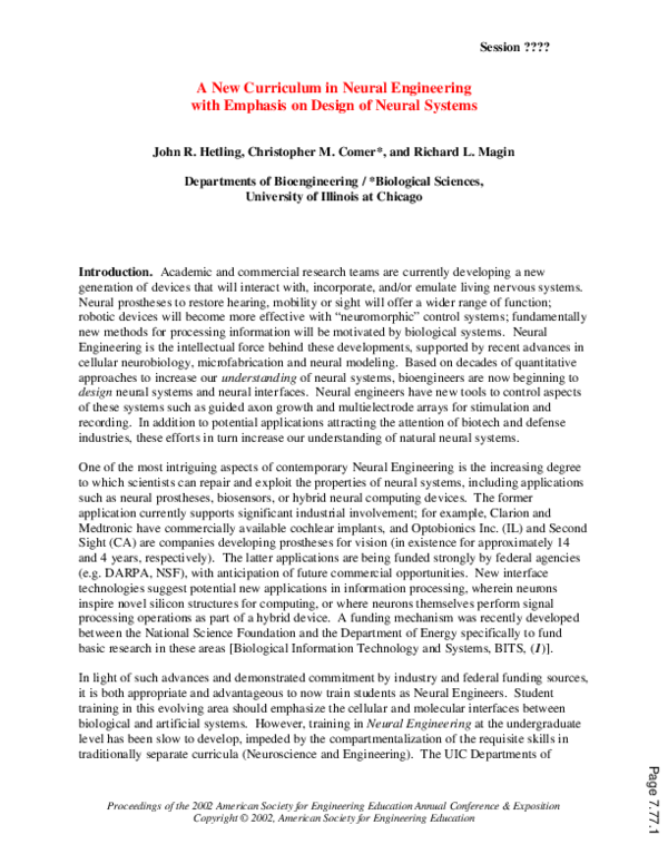 (PDF) A New Curriculum In Neural Engineering With Emphasis On Design Of ...