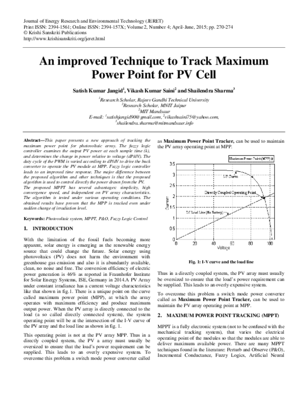 (PDF) An improved Technique to Track Maximum Power Point for PV Cell