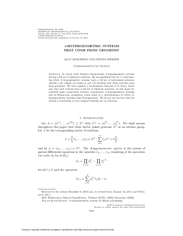 (PDF) $A$-hypergeometric systems that come from geometry | Steven ...