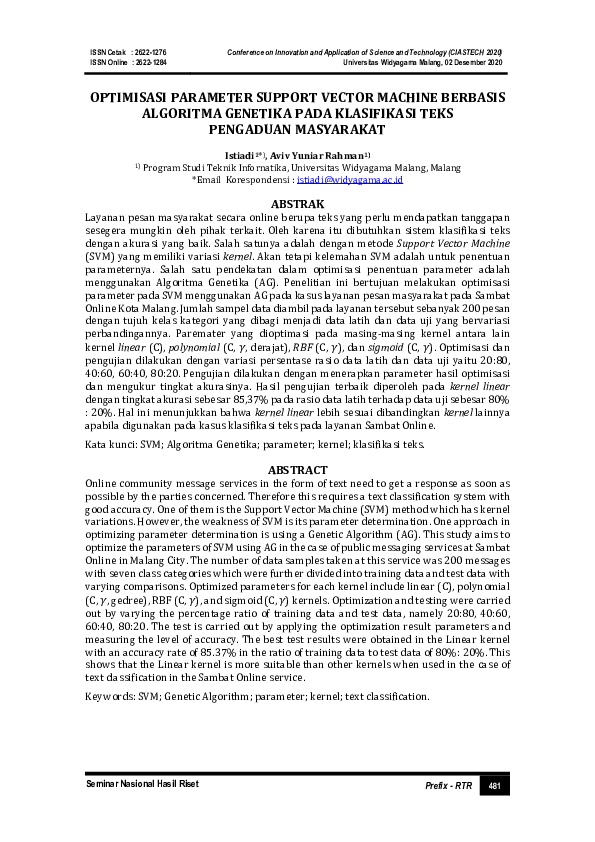 Pdf Optimisasi Parameter Support Vector Machine Berbasis Algoritma Genetika Pada Klasifikasi 