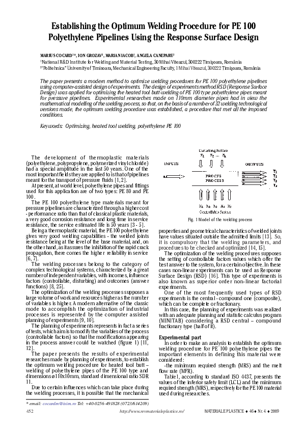 (PDF) Establishing the Optimum Welding Procedure for PE 100 ...