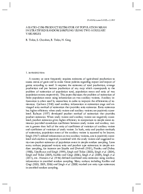 (PDF) A Ratio-Cum-Product Estimator of Population Mean in Stratified Random Sampling Using Two ...