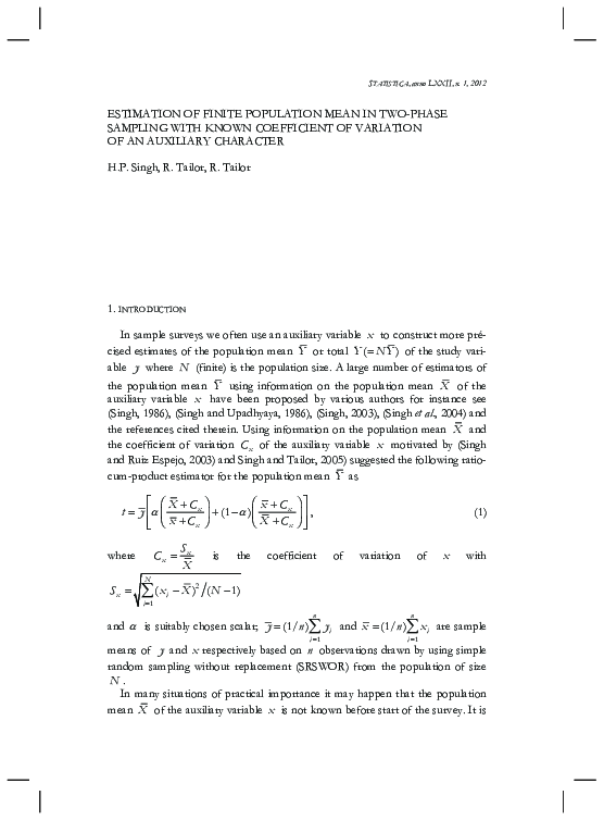 Pdf Estimation Of Finite Population Mean In Two Phase Sampling With Known Coefficient Of
