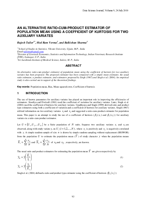 Pdf An Alternative Ratio Cum Product Estimator Of Population Mean