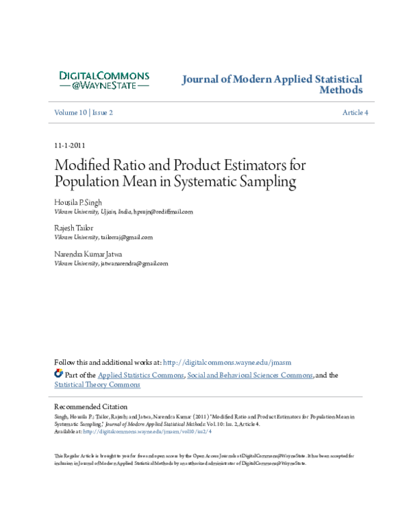 (PDF) Modified Ratio and Product Estimators for Population Mean in ... (PDF) Modified Ratio and Product Estimators for Population Mean in ...
