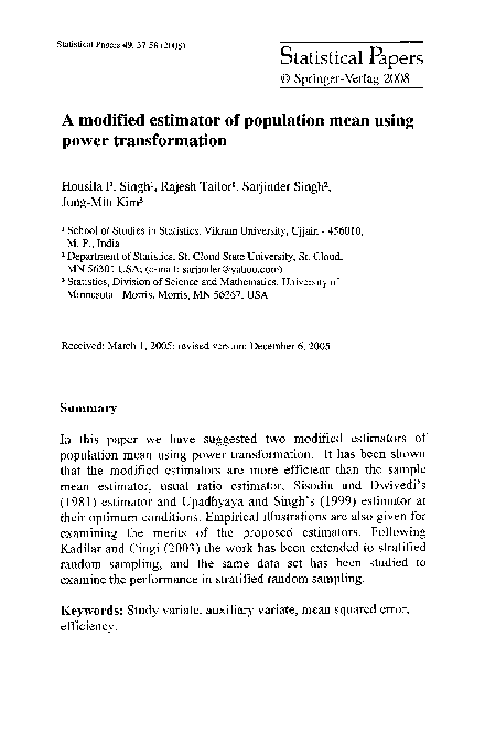 Pdf A Modified Estimator Of Population Mean Using Power Transformation
