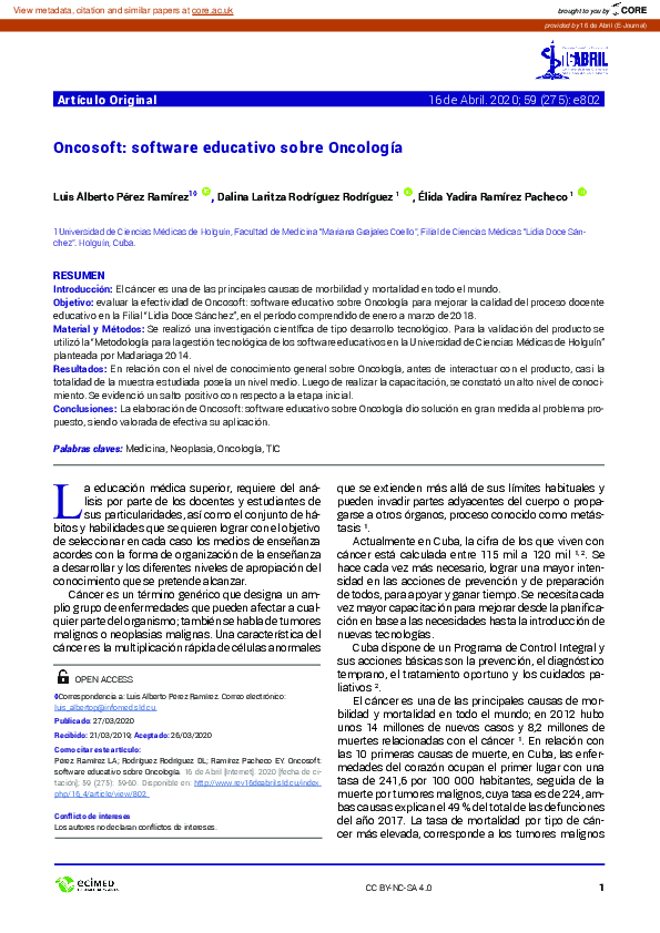 (PDF) Oncosoft. software educativo sobre Oncología