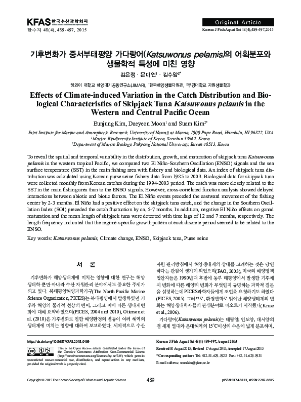 (PDF) 기후변화가 중서부태평양 가다랑어(Katsuwonus pelamis)의 어획분포와 생물학적 특성에 미친 영향 ...
