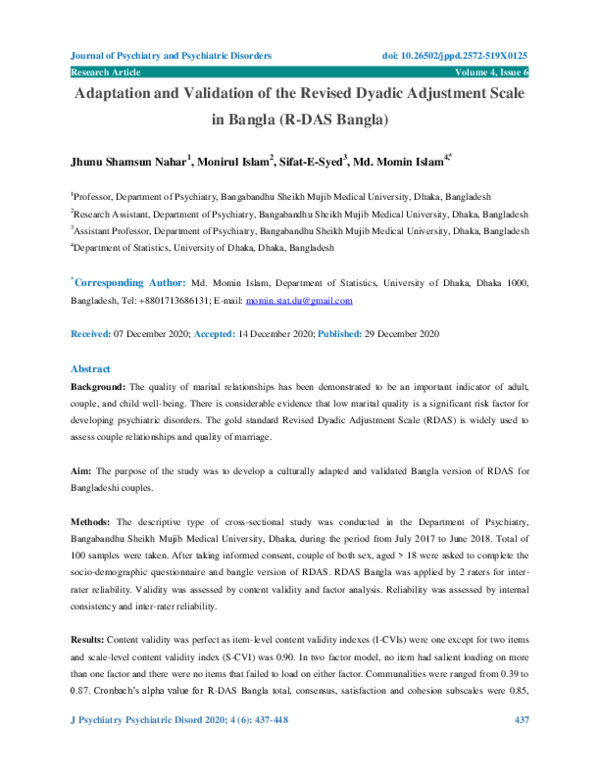 (PDF) Adaptation and Validation of the Revised Dyadic Adjustment Scale in Bangla (R-DAS Bangla)