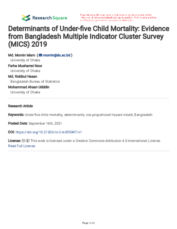 (PDF) Determinants of Under-five Child Mortality: Evidence from Bangladesh Multiple Indicator ...