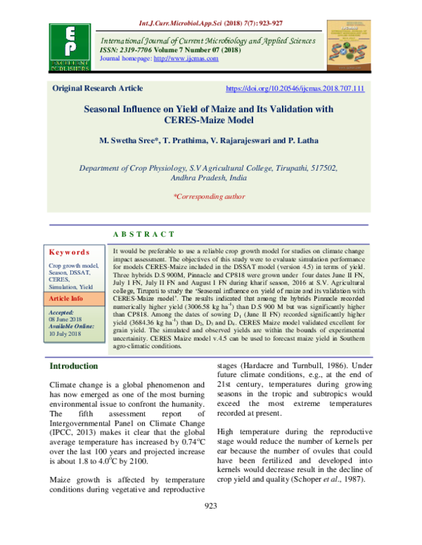 Pdf Seasonal Influence On Yield Of Maize And Its Validation With Ceres Maize Model