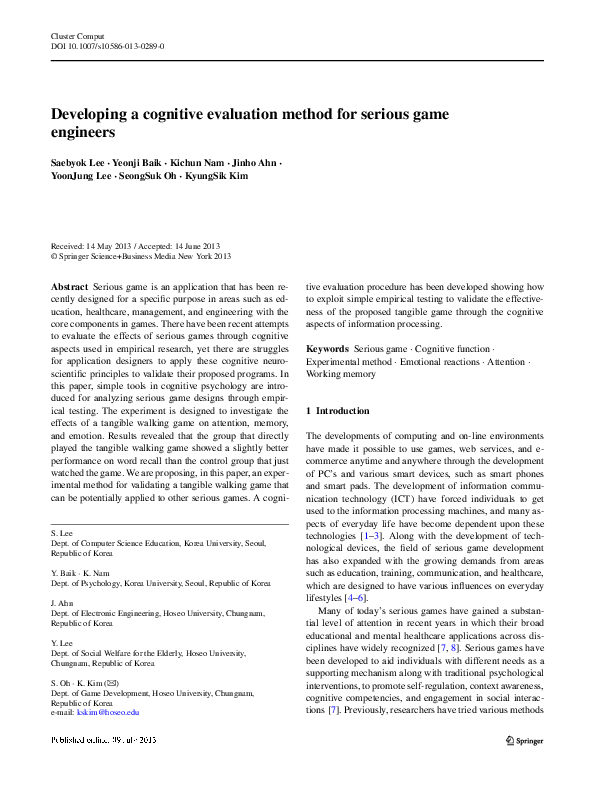 (PDF) Developing a cognitive evaluation method for serious game engineers