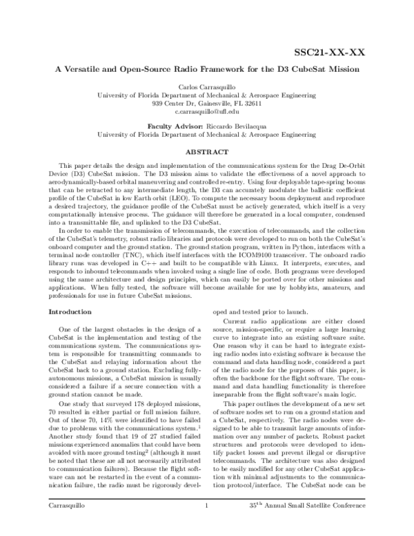 (PDF) A Versatile and Open-Source Radio Framework for the D3 CubeSat Mission