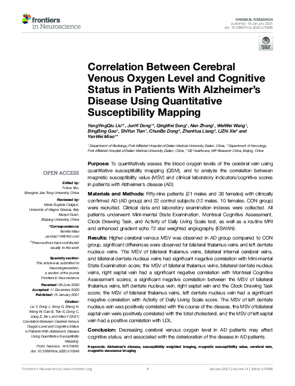 (PDF) Correlation Between Cerebral Venous Oxygen Level and Cognitive Status in Patients With ...