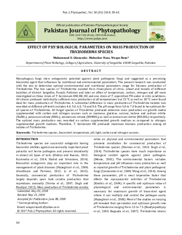 (PDF) Effect of Physiological Parameters on Mass Production of Trichoderma Species