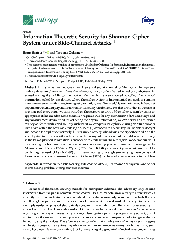 (PDF) Information Theoretic Security for Shannon Cipher System under Side-Channel Attacks