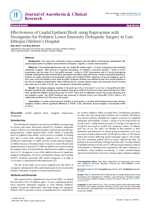 (PDF) Effectiveness of Caudal Epidural Block using Bupivacaine with ...