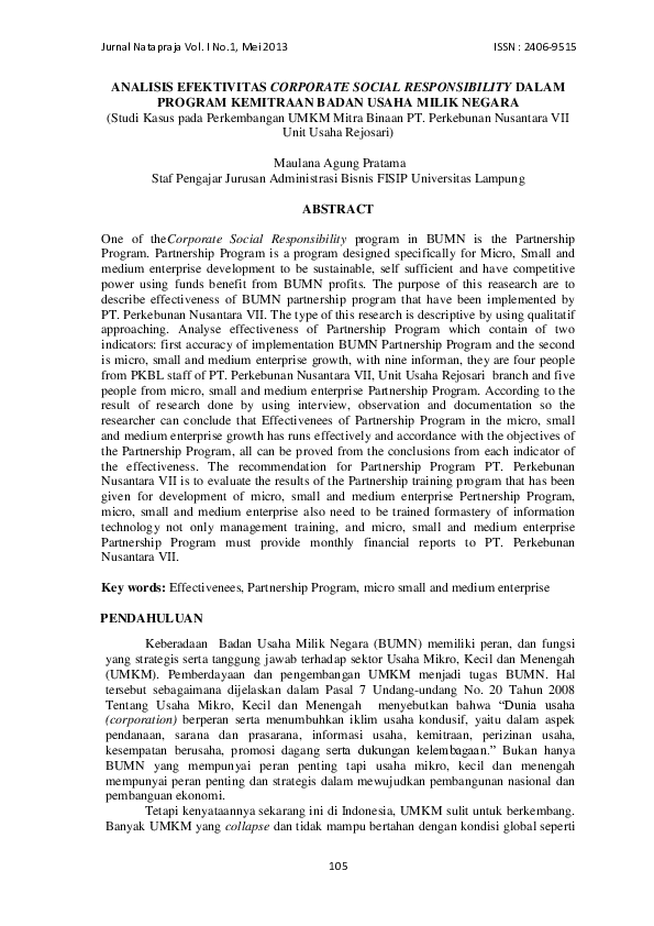 (PDF) ANALISIS EFEKTIVITAS CORPORATE SOCIAL RESPONSIBILITY DALAM PROGRAM KEMITRAAN BADAN USAHA ...