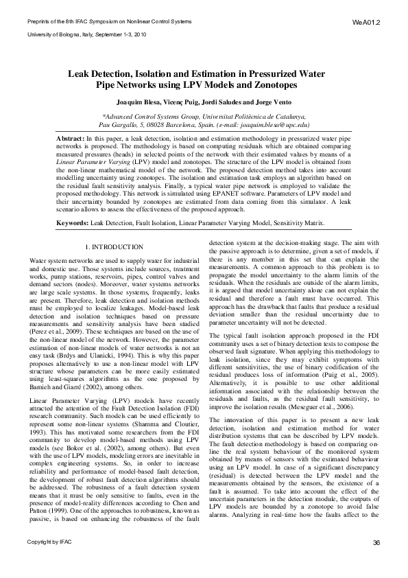 (PDF) Leak detection, isolation and estimation in pressurized water pipe networks using LPV ...