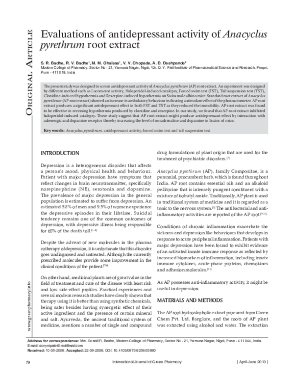 (PDF) Evaluations of antidepressant activity of Anacyclus pyrethrum ...