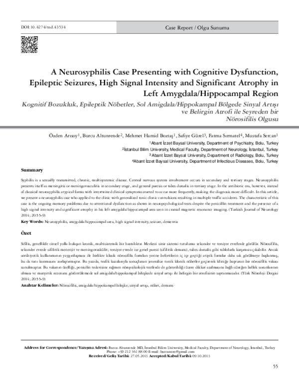 (PDF) A Neurosyphilis Case Presenting with Cognitive Dysfunction, Epileptic Seizures, High ...