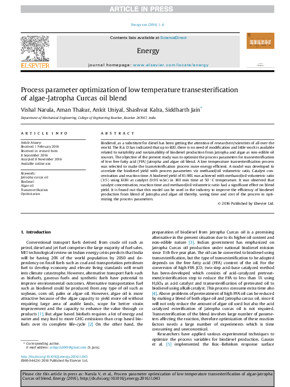 (PDF) Optimizing Low Temp Transesterification for Biodiesel