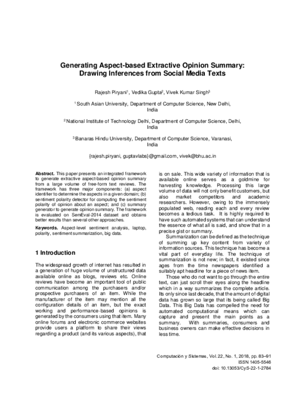 Pdf Generating Aspect Based Extractive Opinion Summary Drawing