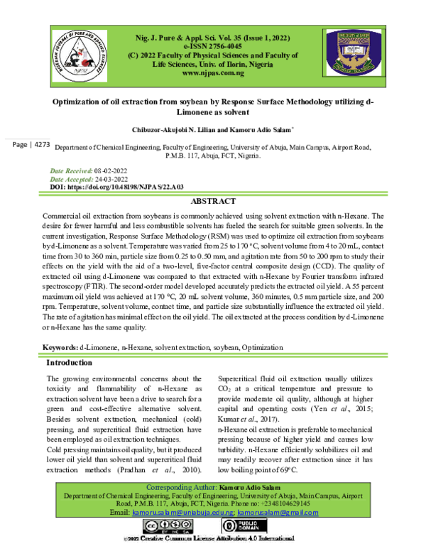 Pdf Optimization Of Oil Extraction From Soybean By Response Surface Methodology Utilizing D